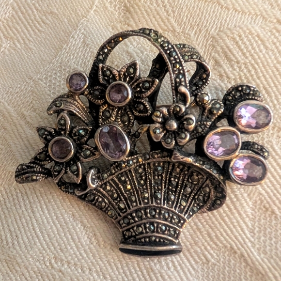 Jewelry | Vintage Sterling Silver Amethyst Flower Bouquet Basket Pin ...